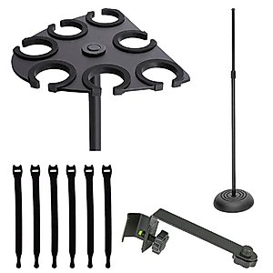 On Stage Round Base Microphone Stand, Black + Mic Holder + Mic Extension Attachment Bar + Strapeez - Top Value Microphone Accessory Kit