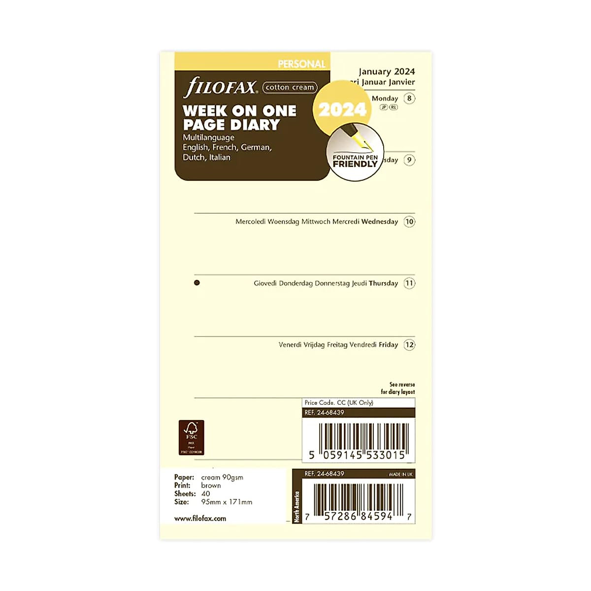 Filofax Personal week per page 5 language cotton cream 2024 diary