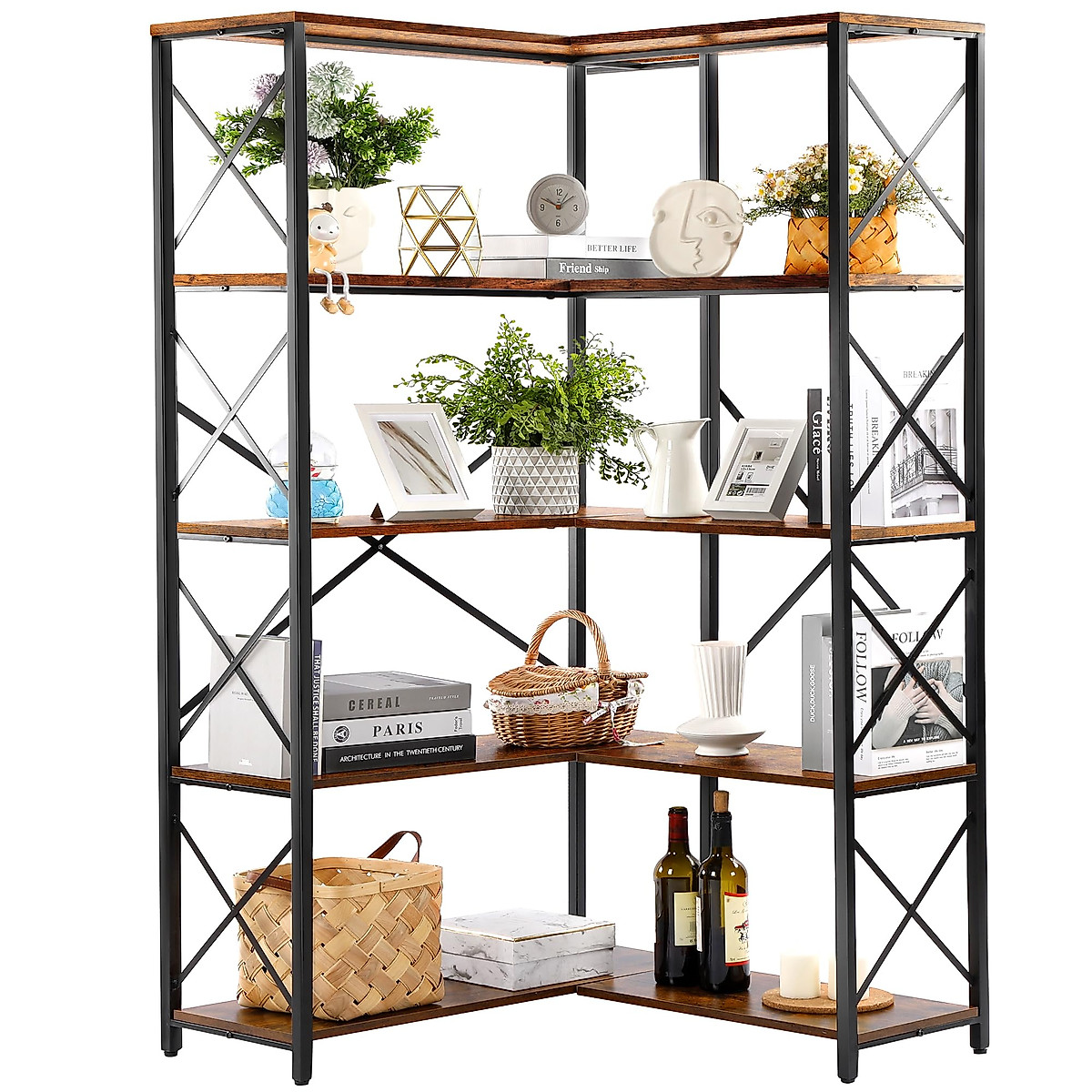Rengue Bookshelf 5 Tier Corner Shelf, Large Modern Industrial Bookcase L Shaped Storage Display Rack with Heavy Duty Metal Frame for Home Office, Living Room, Bed Room