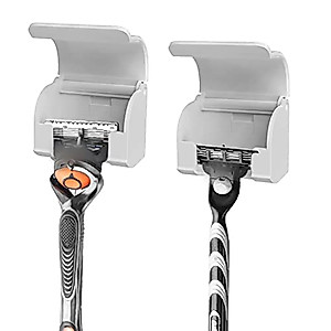 2 Pack Plastic Razor Holders With Cover for Shower, Wall Mount Razor Shaver Hook, Self Adhesive Razor Hanger Stands Compatible with Fusion 5 Proglide, Mach 3 Classic (White)
