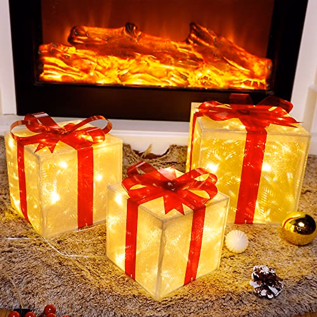 ATDAWN 60 LED Lighted Gift Boxes Christmas Decorations, Transparent Lighted Present Boxes, Christmas Home Gift Box Decorations, Warm White