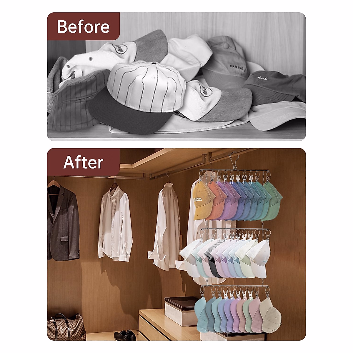 Gumilyo Stainless Steel Hat Hanger for Closet with 30 Heavy Duty Clips, Fits All Caps, Silver