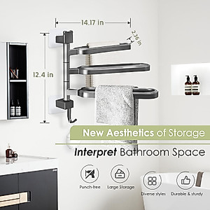 Pysrych No Drill Swivel Towel Rack Wall Mounted 3-Arm Towel Bar ABS Self-adhesive Towel Holder with Hook for Bathroom Shower Kitchen Grey