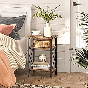 ALLOSWELL Side Table, Nightstand, End Table with Storage Shelf, Tall Bedside Table with X-Shaped Design, for Living Room, Bedroom, Stable Steel Frame, Easy Assembly, Rustic Brown ETHR3801