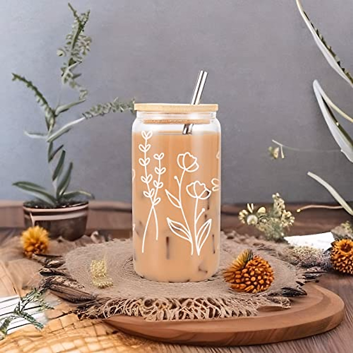 Coolife Floral Iced Coffee Cup - 16oz Can Shaped Drinking Glass Cup w/Bamboo Lid Straw - Aesthetic Cups, Glass Coffee Tumbler, Flower Glass Cups for Beer Smoothie - Birthday Aesthetic Gifts for Women