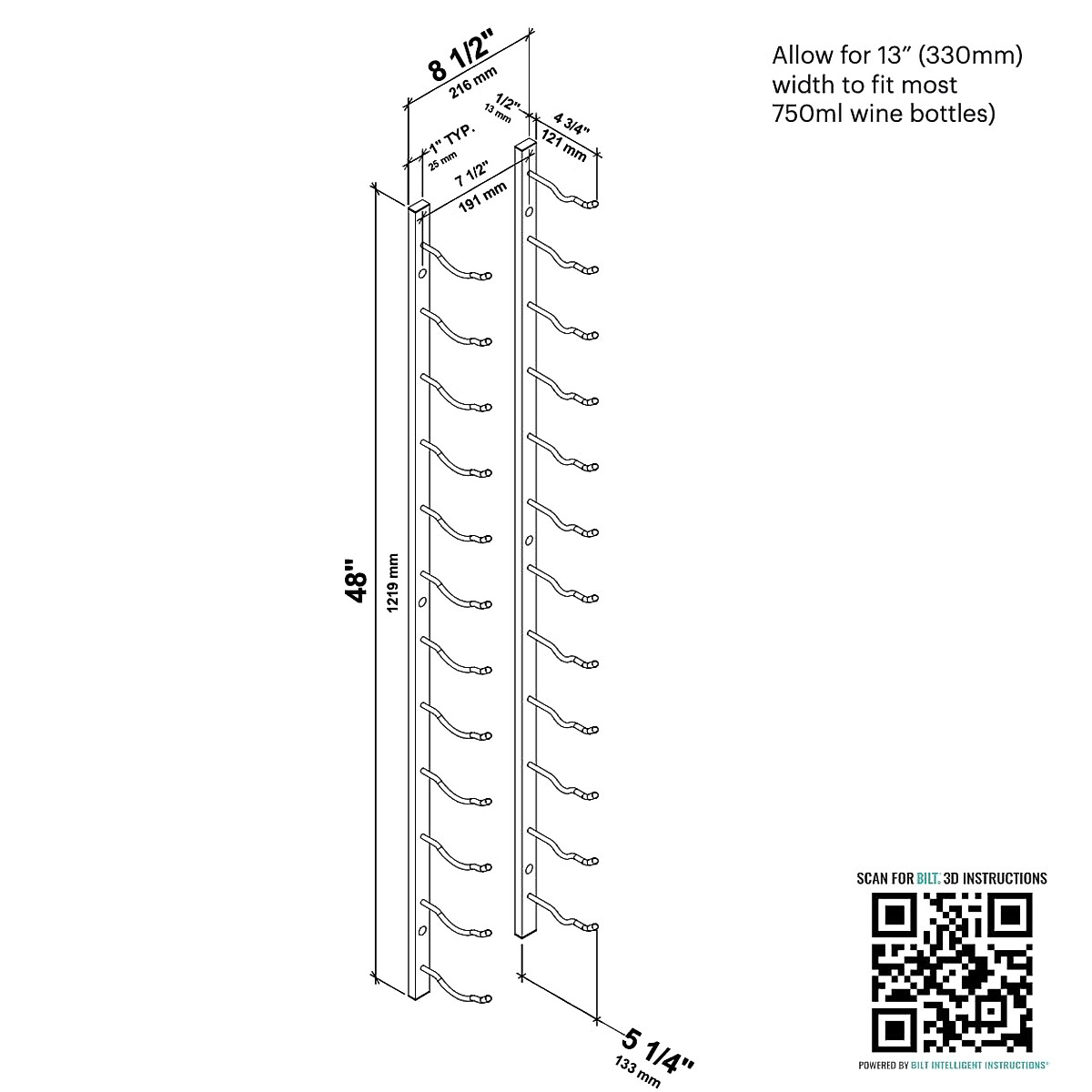 VintageView W Series 4 Wall Mounted Metal Wine Rack (12 Bottles, Matte Black)