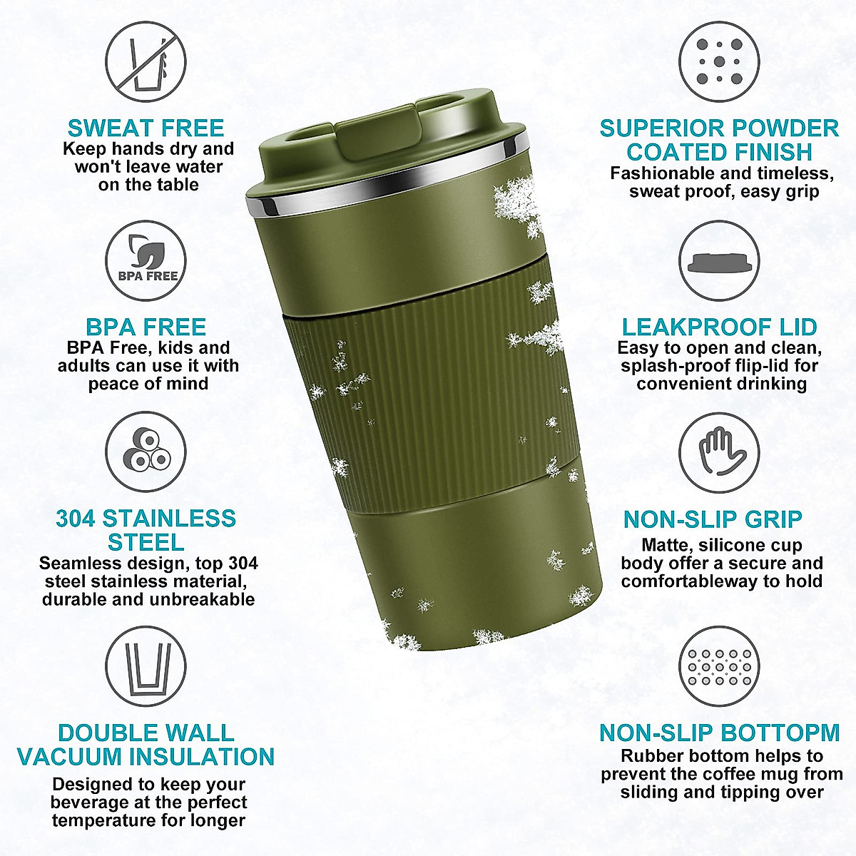 YINJOYI 17oz Travel Coffee Cups Insulated Mug Thermal Tumbler to Go with Lid Leak Proof Reusable Stainless Steel Coffee Mug Spill Proof for Hot and Iced Cold Drinks (Green, 510ml)