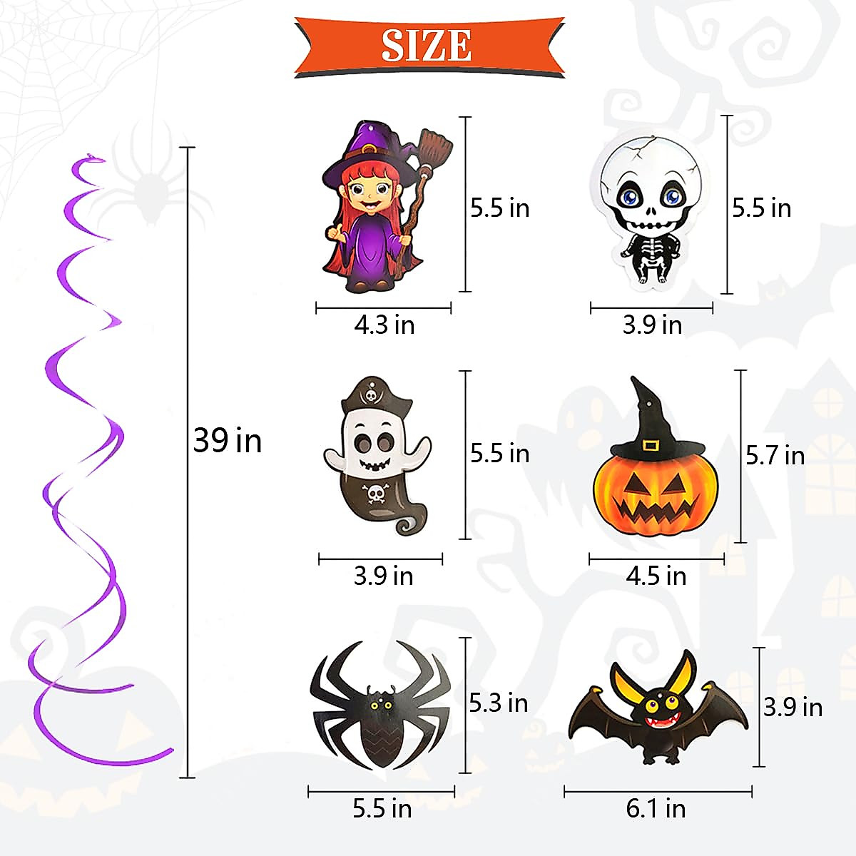 Halloween Decorations, 30 Pcs Hanging Swirl Party Supplies Decorations, Ceiling Spirals Halloween Streamers with Ghost Pumpkin Witch Skull Spider Bat for Home Indoor Outdoor Classroom Office