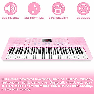 Vangoa VGK610 Piano Keyboard, 61 Mini Keys Portable Music Keyboard for Beginners with Microphone, 3 Teaching Modes, 350 Tones, 350 Rhythms, 30 Demos, Pink