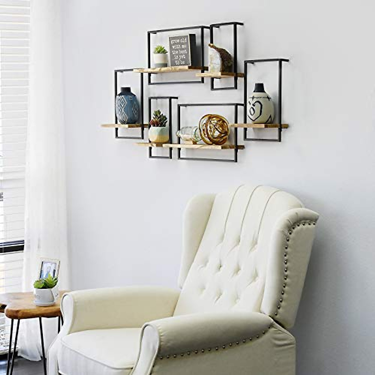 WELLAND Modern Floating Shelves, Metal Frame Rustic Wood Shelves, Home Decor Hanging Wall Mounted Display Organizing Shelf for Living Room, Bedroom, Office, Bathroom, Set of 6