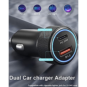 USB C Car Charger 2-Pack, Eversame 36W PD3.0 & QC3.0 Dual USB Fast Car Charger Adapter for Samsung Galaxy S22/S21/Google Pixel 6/iPhone 14/14 Pro Max/14 Pro/14 Plus/13/12/iPad Pro-6FT C-C Cable-Black
