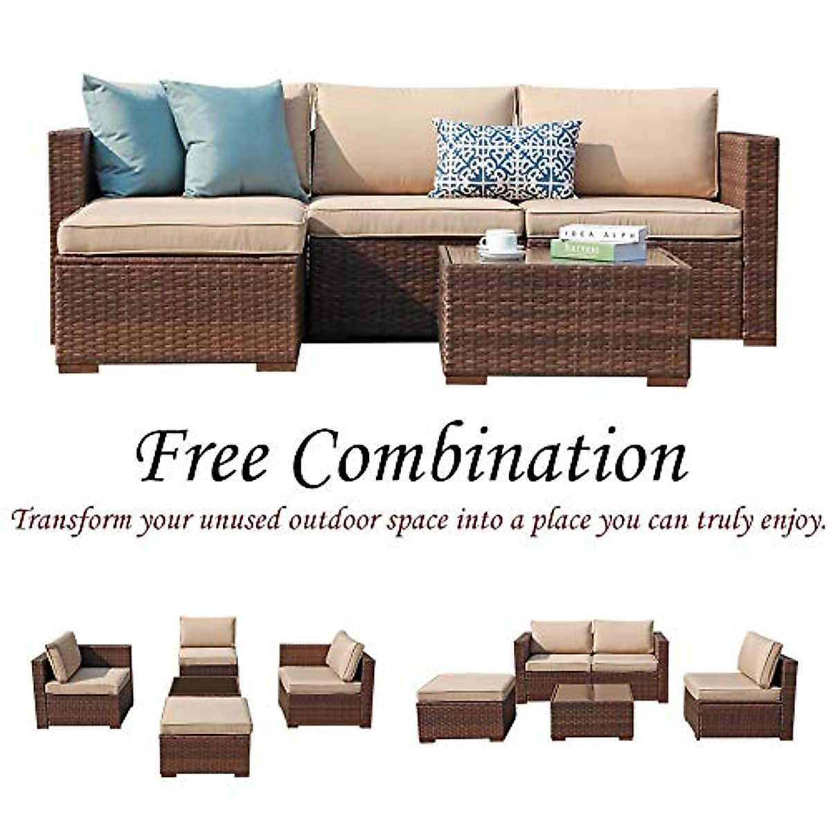 Patiorama 5 Piece Outdoor Patio Furniture Set, Outdoor Sectional Conversation Set, All-Weather Brown PE Wicker w/Beige Cushions, Outdoor Backyard Porch Garden Poolside Balcony Furniture Set