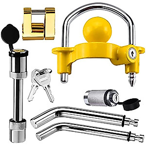 Trailer Hitch Security Lock Set Including Yellow U-Shaped Universal Ball Hitch Lock #72783, 1/2" and 5/8" Receiver Hitch Pin Lock, Golden Trailer Hitch Lock Coupler Locking Pin, Share the Same 2 Keys