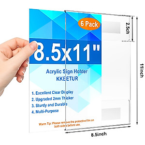 KKEETUR Acrylic Sign Holder 8.5 X 11 Wall Mount, 6 Pack Plexiglass Clear Wall Sign Holder, Premium Frame Plastic Door Sign Holders with 12 Pcs Double Sided Tape Adhesive (No Drilling)