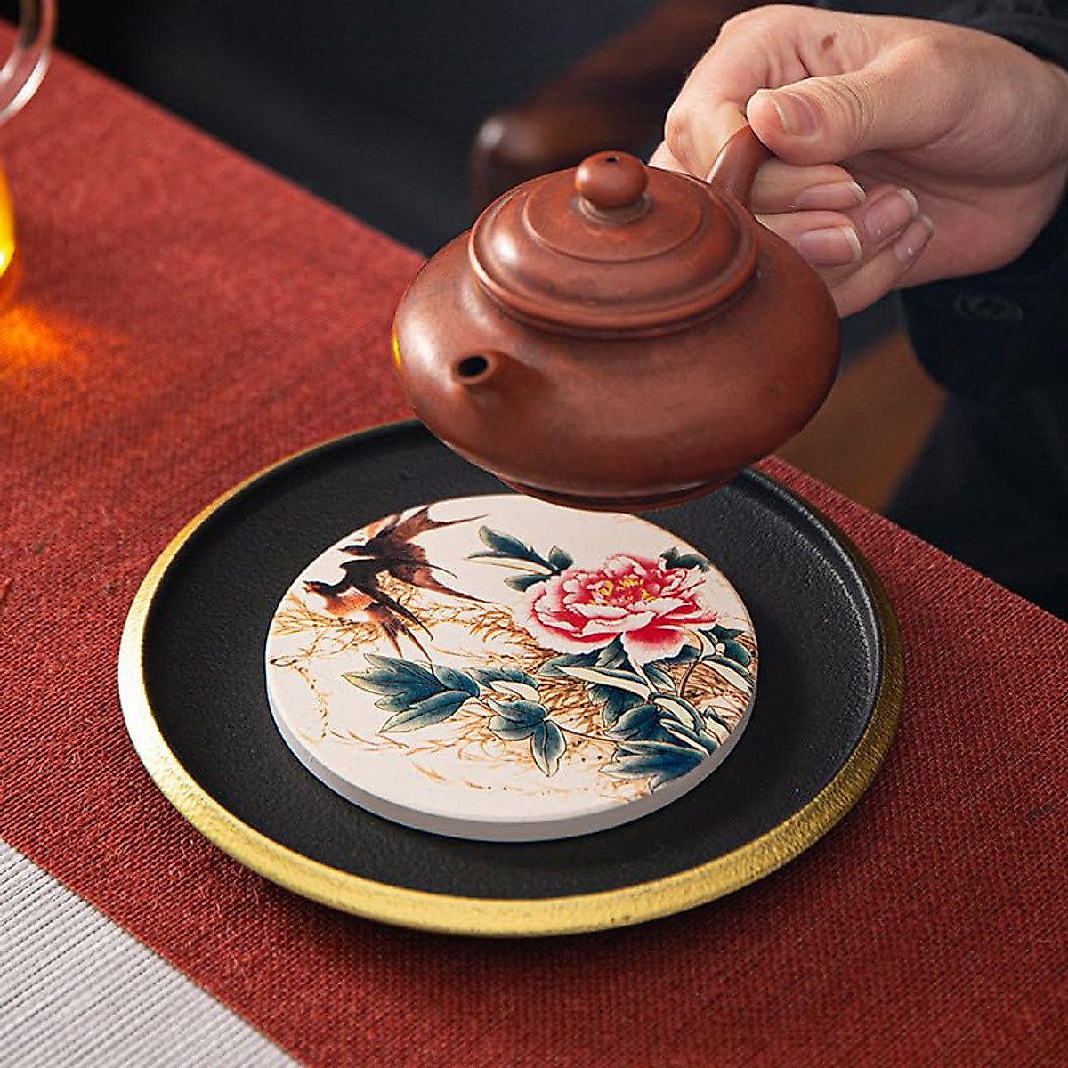 Ceramic Dry Foam Tray, Large disc Pot Bearing Kung Fu Tea Tray. Size 6.4 * 6.4 * 0.4 inches (A1)