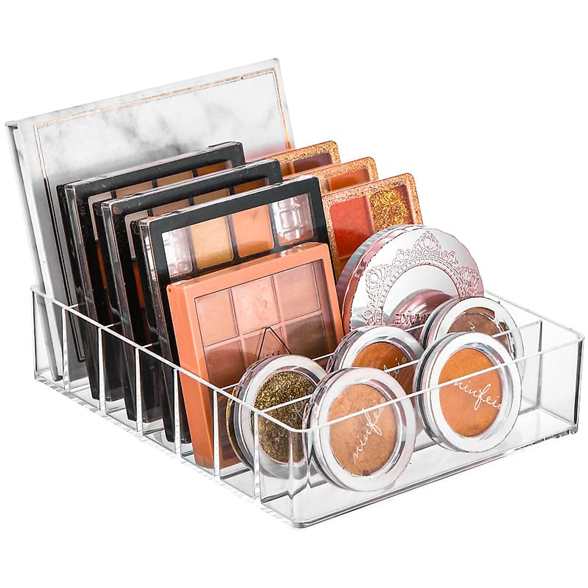 LoengMax Makeup Organizer, Eyeshadow Palette Organizer, 7 Section Acrylic Divided Palette Holder, for Eyeshadow Palettes, Contour Kits, Blush(Clear, 7.48x 6.3 x 1.77 in)