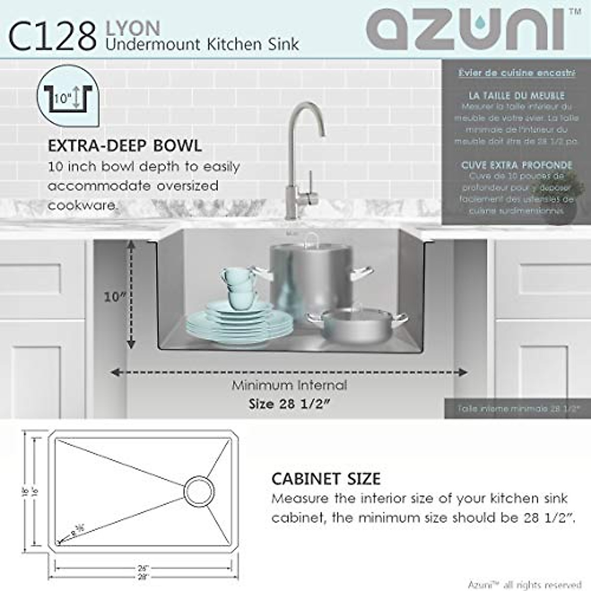 AZUNI 28 inch x 18 inch Single Bowl Undermount 16 Gauge Reversible Deep Stainless Steel Kitchen Sink with Bottom Grid and Luxury Basket Strainer, C128