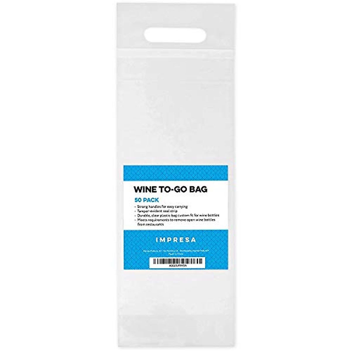 IMPRESA - Clear Plastic To Go Wine Bags with Handles - 50 Pack - Great for Restaurants, Bars, Travel, and Housewarming Gifts - Fits 25 oz Bottles - Tamper Proof Seal