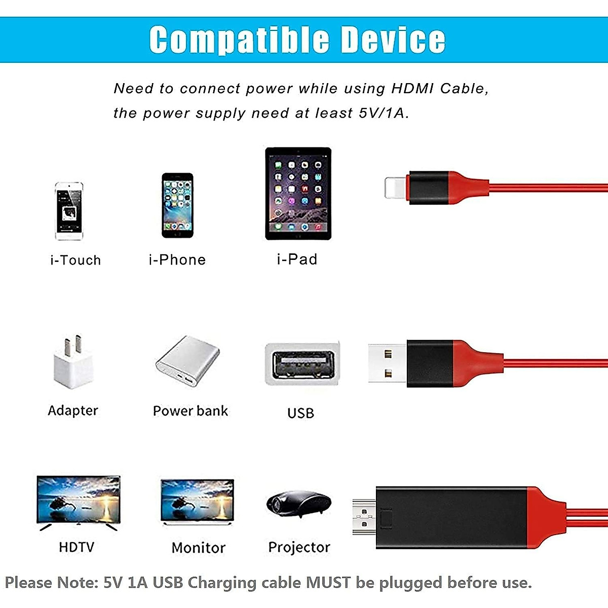 [Apple MFi Certified] Lightning to HDMI Cable Adapter Compatible with iPhone, 1080P Digital Sync Screen Audio&Video Adapter with Charge Port Connector to HD TV/Projector/Monitor Support OS
