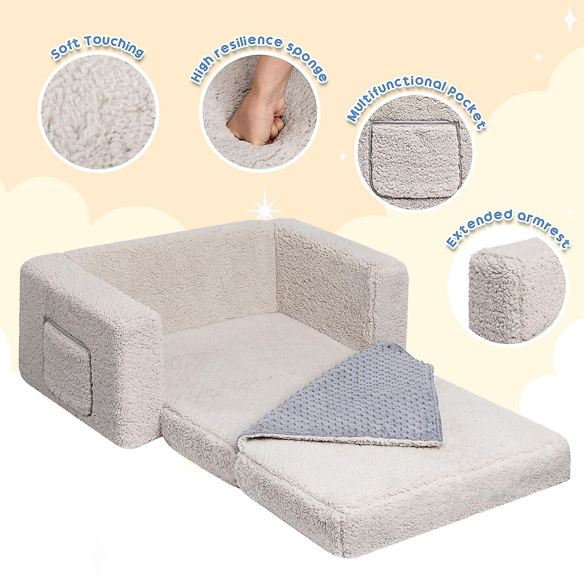 ALIMORDEN Fold Out Toddler Couch, Extra Wide Comfy 2-in-1 Cuddly Sherpa Sofa for Kids, with Removable Baby Friendly Blanket, Convertible Sofa to Bed, Light Grey