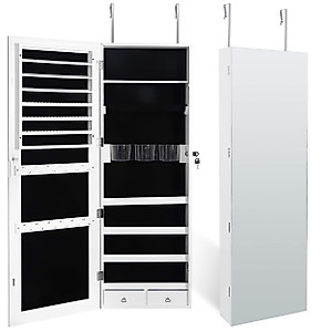 SUPER DEAL Upgraded 2in1 Jewelry Cabinet 47.3" H Wall/Door Mounted Jewelry Armoire with 6 Shelves 2 Drawers Jewelry Organizer with Full Length Mirror