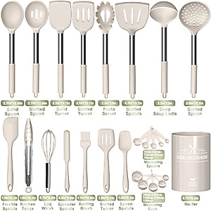 Large Silicone Kitchen Utensils Set, Umite Chef Heat Resistant Cooking Utensil with Stainless Steel Handle, Spatula, Spoon, Khaki Silicone Cooking Utensil for Nonstick Cookware, Dishwasher Safe