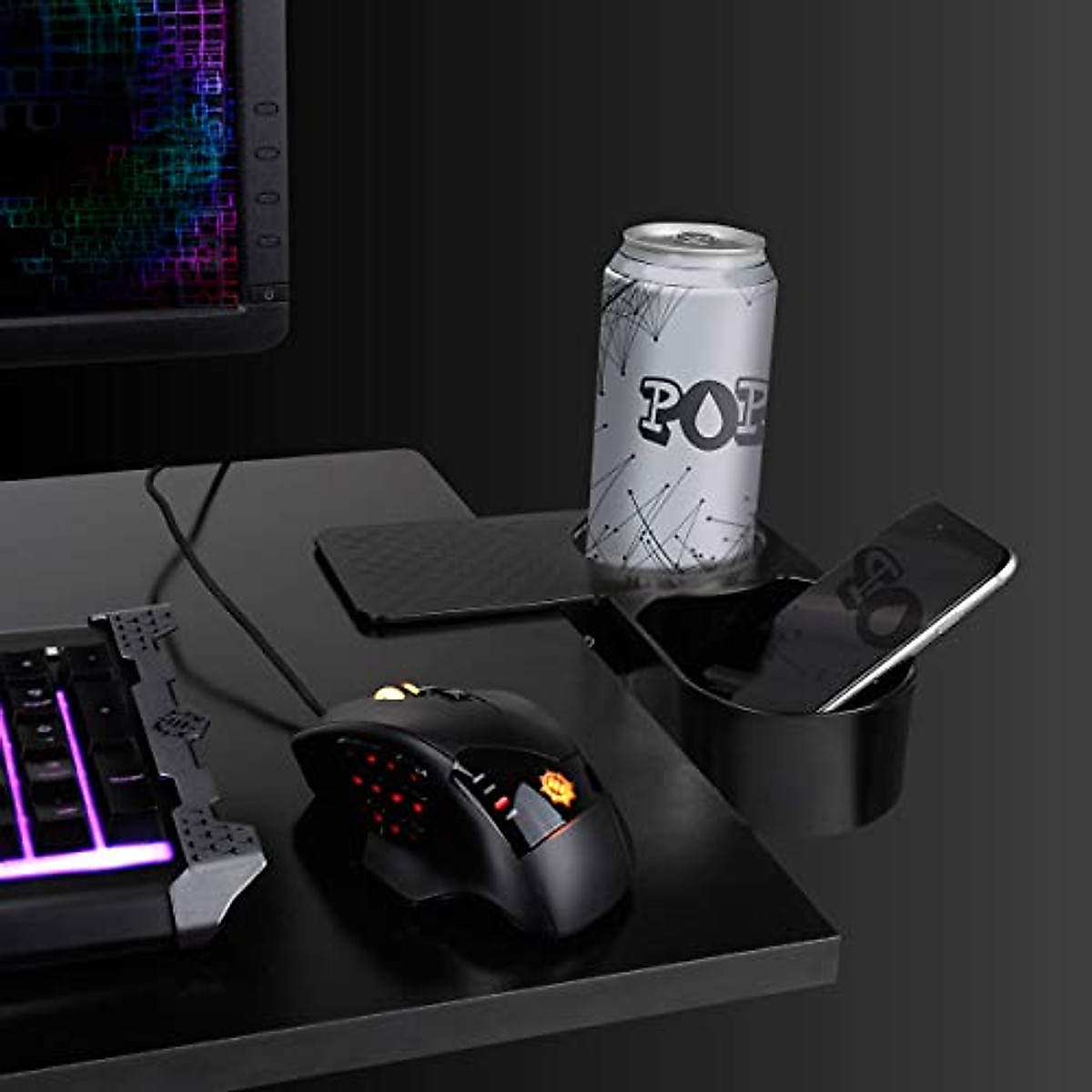 ENHANCE Clip On Desk Cup Holder - Desktop Organizer Clamp, Water Bottle Holder, Remote Holder - Home Office Desk Accessories - Drink & Food Storage with Metal Spring - Holds Phones, Office Supplies