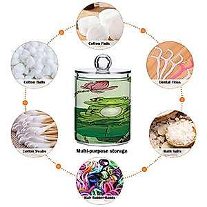 Kigai Frog Lotus Illustration Qtip Holder Dispenser for Cotton Ball, Cotton Swab,Plastic Clear Apothecary Jar, Home Décor Kitchen Storage Jar,2 Pack