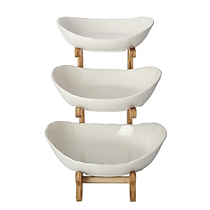 AIWFL 3 Tier Fruit Basket White Fruit Bowl with Bamboo Holder Fruit Ceramic Serving Tray Dessert Serving Stand for Candy Fruits Snacks Nuts Storage Holder