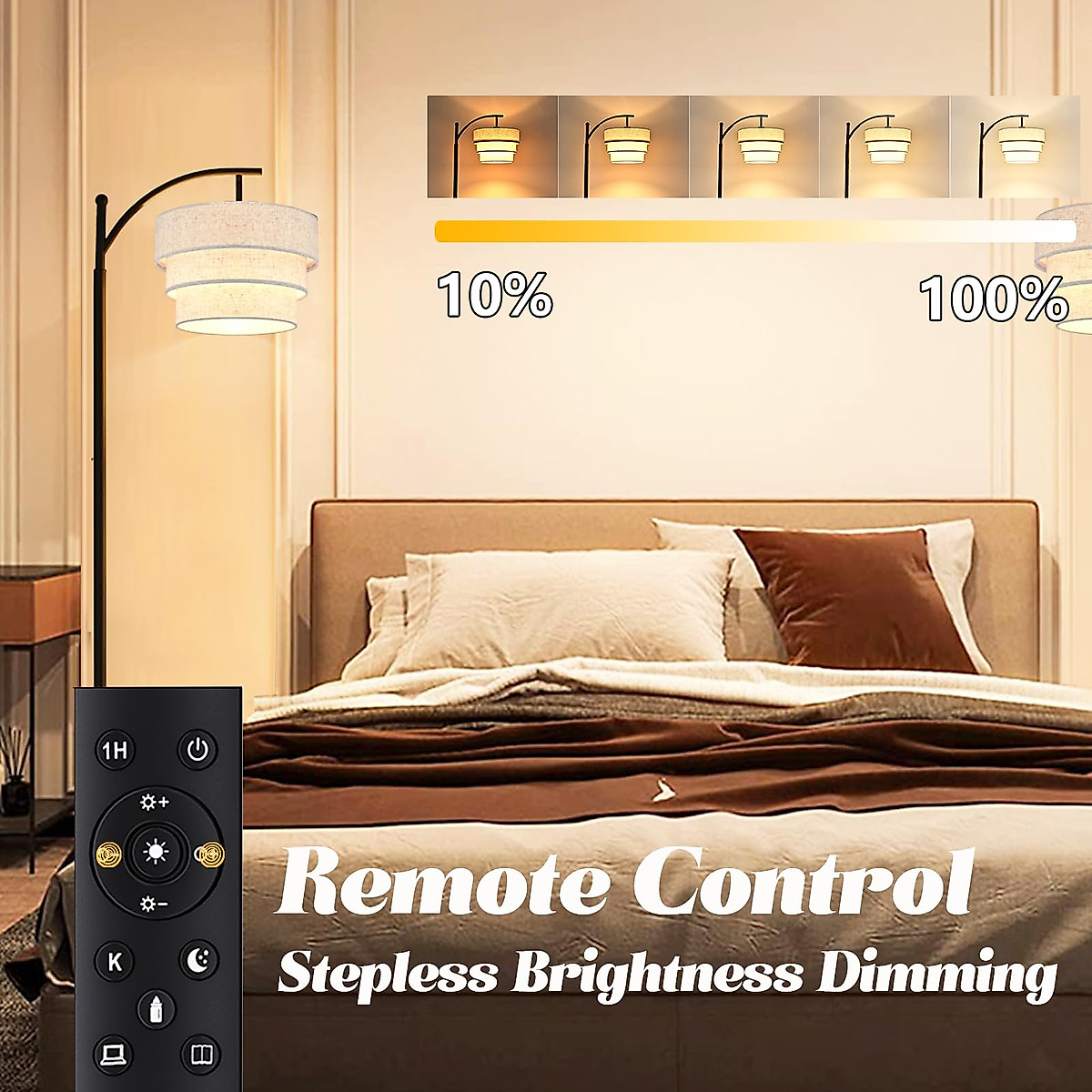 【Upgraded】Remote Control Arc Floor Lamp Stepless Dimmable 3 Color Temperature, Black Tall Pole Lamp, Modern Standing Lamps for Living Room, Bedrooms, Office, Unique 3-Layer Lampshade(Bulb Included)
