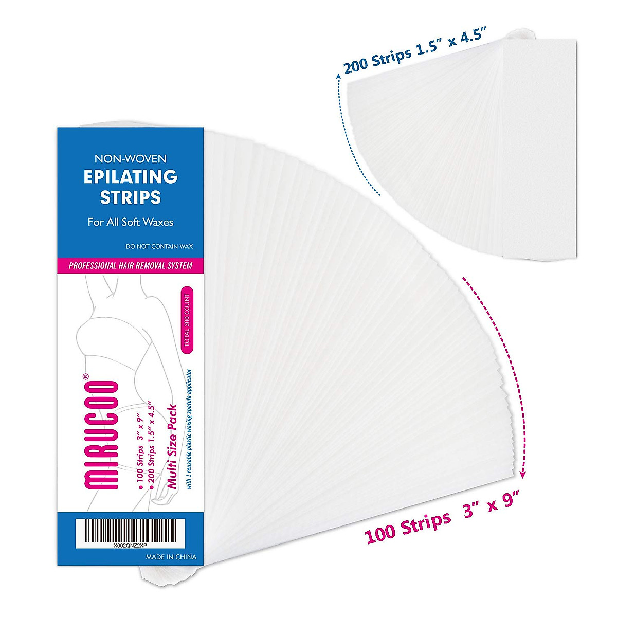 Mirucoo Salon Quality Non-woven Wax Strips for Body and Facial Hair Removal Multi Size Pack (300)