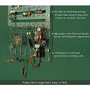 JEREVER Earring Holder for Wall Hanging Jewelry Organizer Display Acrylic Hanger Rack with 96 Holes, 6 Hooks for Necklaces, Bracelets (Accessories are not included)