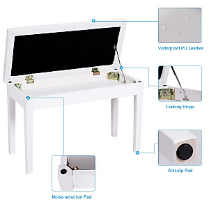 GOFLAME Duet Piano Bench, White, Padded Cushion, Solid Wood Construction, Hidden Music Storage, 29.5" x 14" x 19.5"