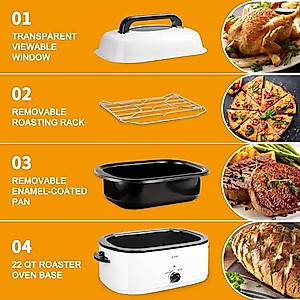 Sunvivi 26 Quart Roaster Oven, Electric Roaster Oven with Glass Lid, Turkey Roaster Oven Buffet with Self-Basting Lid, Removable Pan, Cool-Touch Handles, Silver