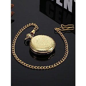 Vintage Pocket Watch Gold Steel Men Watch with Chain for Fathers Day Gift