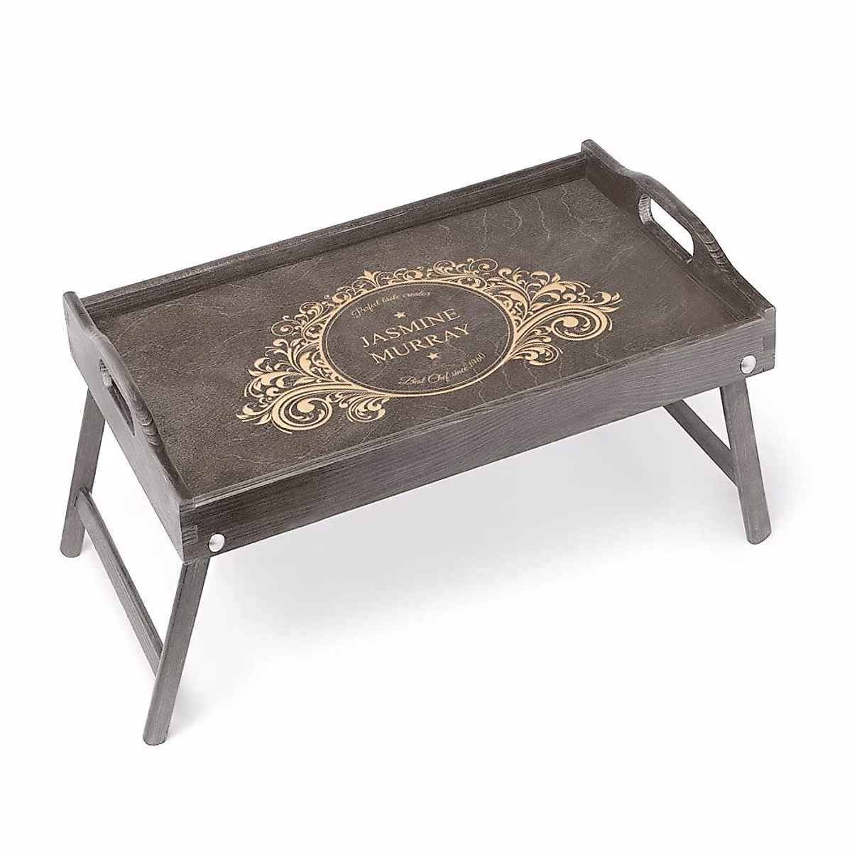 Maverton Engraved Serving Tray for Woman - Bed Breakfast Desk for her - Gray Tray with Folding Legs - Wooden Tablet Lap Stand for Birthday - Customized Gadget for Lady - Rules