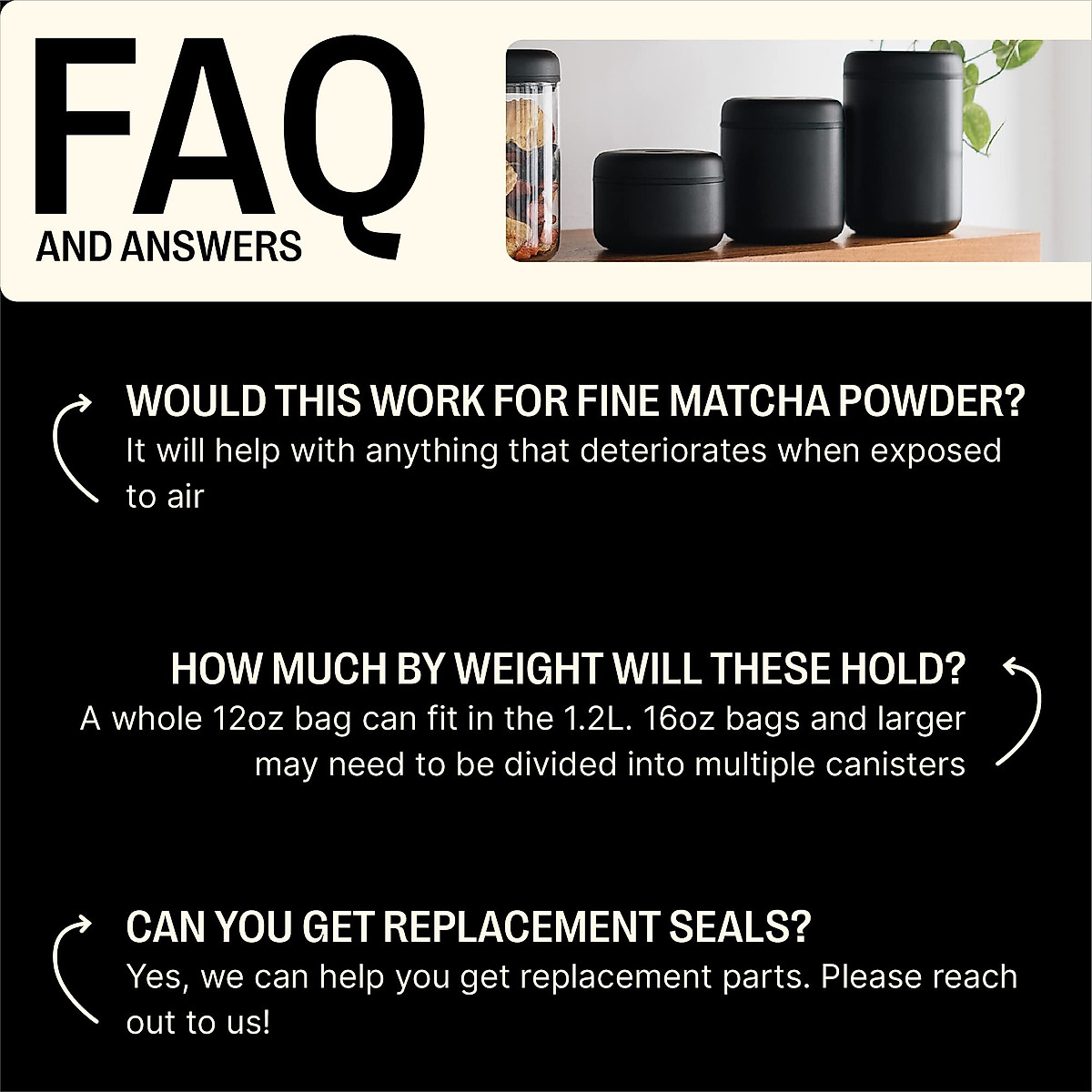 Fellow Atmos Vacuum Coffee Canister & Food Storage Container - Airtight Food Storage Containers - Coffee Containers - 1.2 Liter - Matte Black