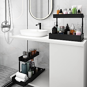 PUWEER 2 Pack Pull-out Under Sink Organizers and Storage, Under Kitchen Bathroom Cabinet Organizer with Hooks, Adjustable Height Multi-purpose Under Sink Shelf Organizer