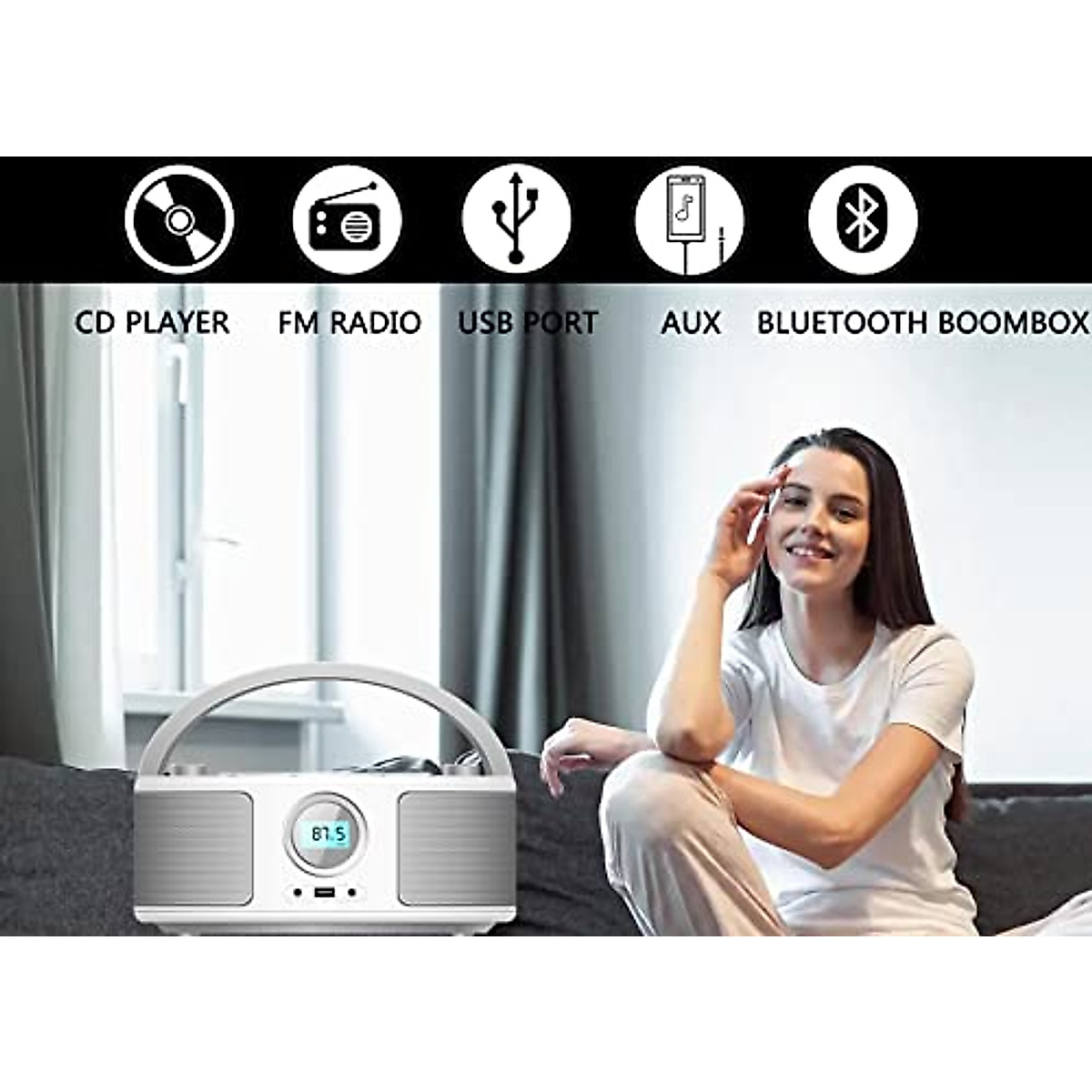 WISCENT Portable Top Loading CD Player Boombox with Bluetooth,FM Stereo Radio,USB,AUX,Headphone Jack,4W RMS, AC/DC Operated,Programmable CD Player