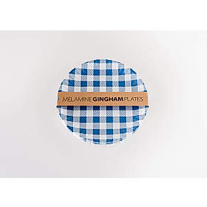 180D Reusable Blue & White Gingham Checkered Picnic/Dinner Plate, 9 Inch Melamine, Set of 5