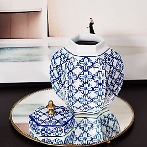 Blue and White Hand Painted Pattern Ceramic Ginger Jar with Lid Storage Decorative Jar for Home Decor