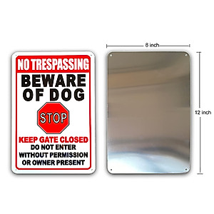 No Trespassing Beware of Dogs Stop Keep Gate Closed Do Not Enter Without Permission or Owner Present Sign for Room Wall Bathroom Decoration 12 x 8 Inch (2 Pack)