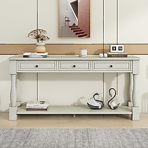 Merax LUMISOL 64 inch Long Console Sofa Table with 3 Drawers and Bottom Shelf, Hallway Table Entryway Table for Living Room, Easy Assembly (Antique White).