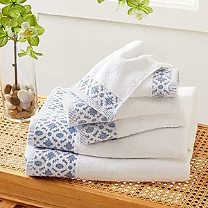 100% Turkish Cotton Luxury Towel Set | Super Soft and Highly Absorbent | Textured Dobby Border | 550 GSM | 2 Bath Towels, 2 Hand Towels, & 2 Washcloths | Nitra Collection (White / Denim Blue)
