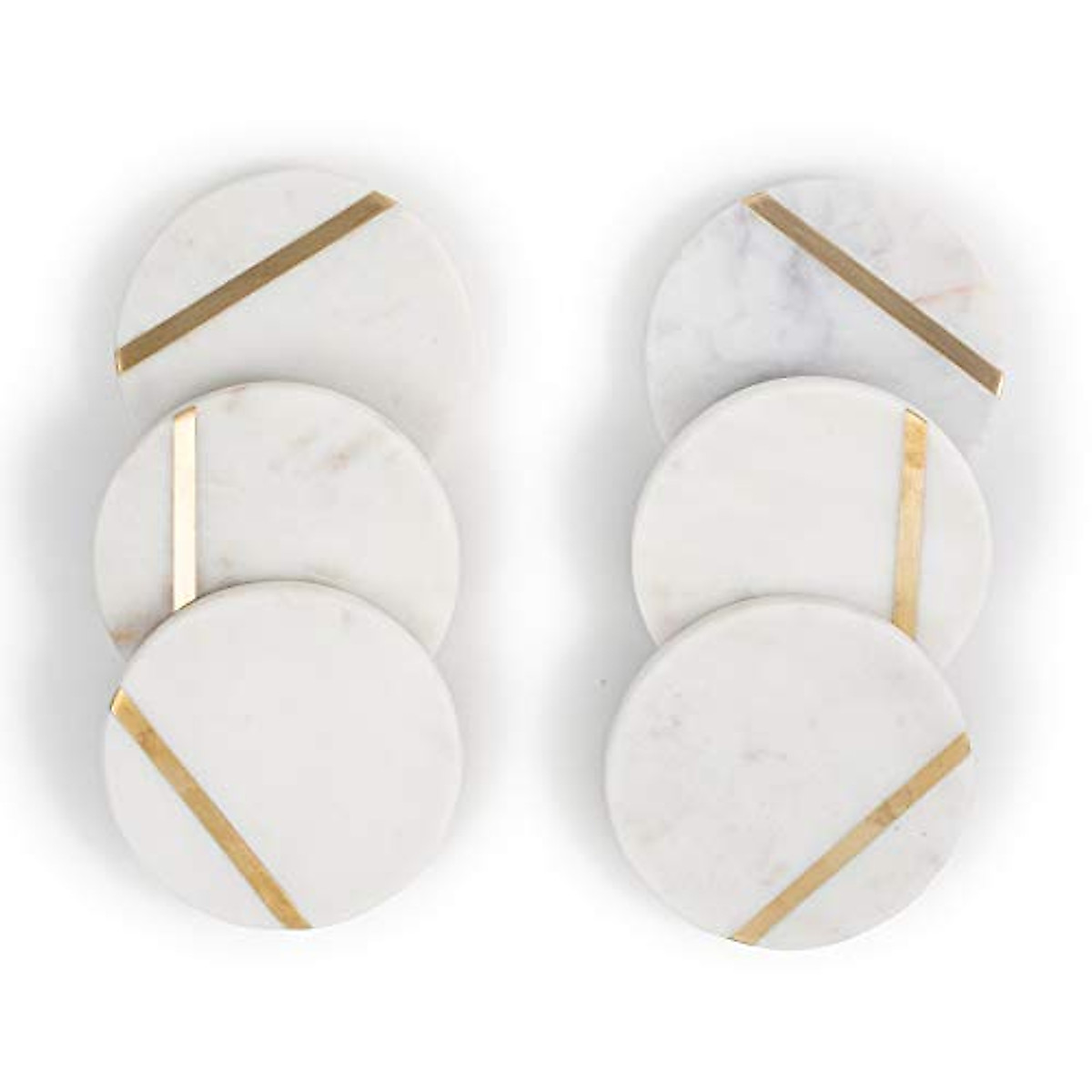 Cork & Mill Marble Coasters for Drinks - Set of 6 Handcrafted Modern Coasters - 4" Wide Drink Coasters - White Marble Coasters with Gold Brass Inlay - Made from Real Solid Marble