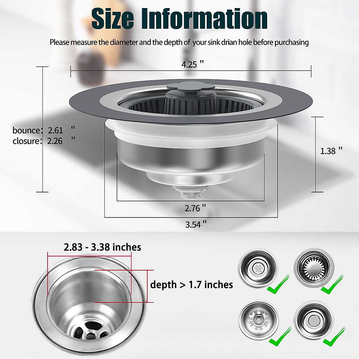 2 Pack - Upgraded 3 in 1 Kitchen Sink Drain Strainer - Stopper Set, Stainless Steel Kitchen Sink Stopper, Pop Up Anti-Clogging Sink Strainer Basket Filter for US Standard 3-1/2 Inch Kitchen Drain,2pcs