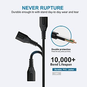 2 Prong AC Power Cord for Samsung UN40 UN43 UN48 UN49 UN50 UN55 UN60 UN65 UN70 UN75 UN78 Series 4k Smart TV TCL Roku Sharp Insignia Hisense TV PS4 PS5 Speaker Monitor Xbox Wall Power Cable Replacement