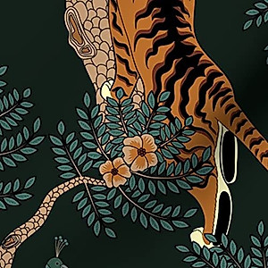 Spoonflower Fabric - Tiger Chinoiserie Bengal Peacock Asian Inspired Dark Teal Orange Printed on Petal Signature Cotton Fabric by The Yard - Sewing Quilting Apparel Crafts Decor