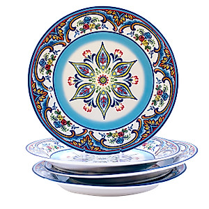 Euro Ceramica Zanzibar Collection Vibrant 10.9" Ceramic Dinner Plates, Set of 4, Spanish Floral Design, Multicolor