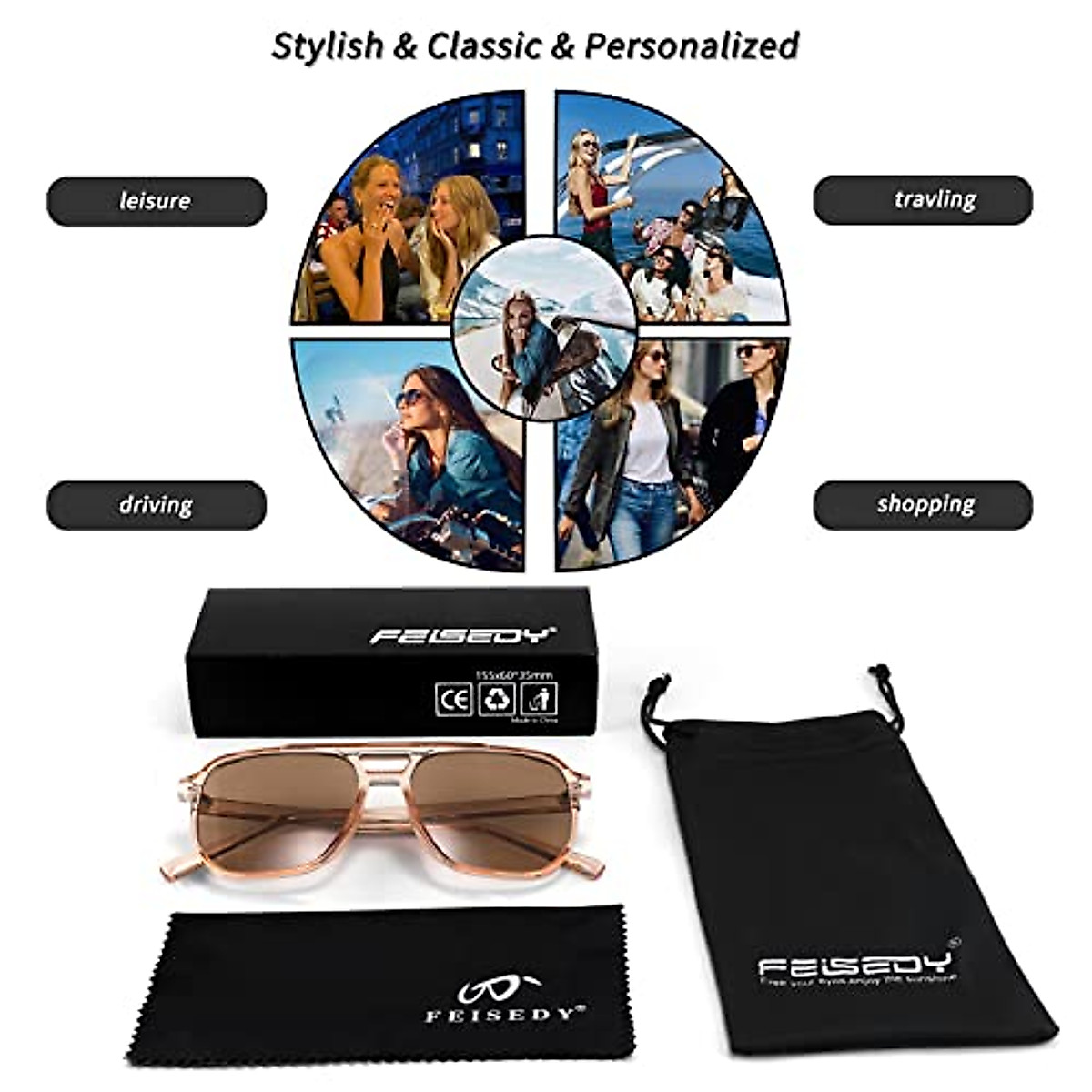 FEISEDY Retro Square Aviator Sunglasses Women Men 70s Vintage Trendy Plastic Frame Sun Glasses B2835